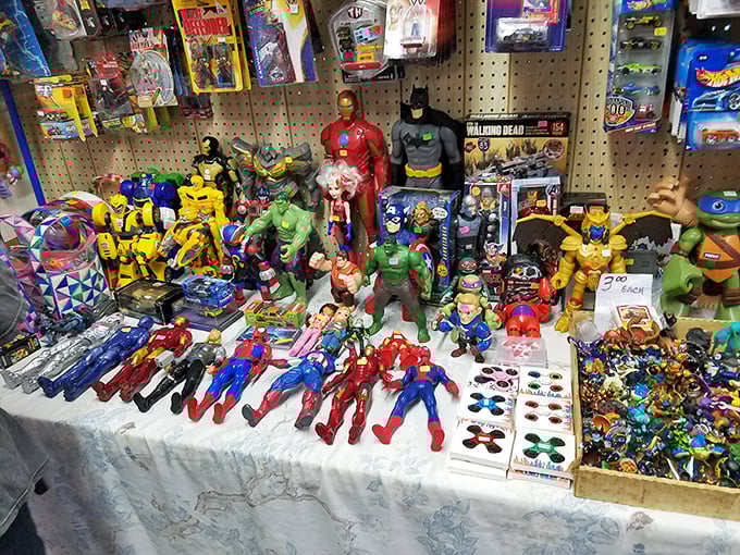 Superhero central! This nostalgic display of action figures would make any collector's spidey-senses tingle with excitement.