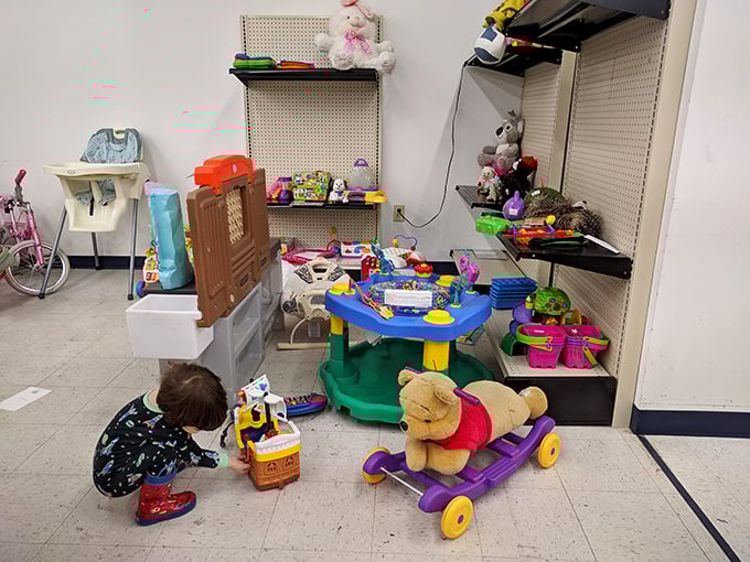 Toy corner: where childhood dreams get recycled into new adventures, and that Winnie the Pooh rocker costs less than a Happy Meal.