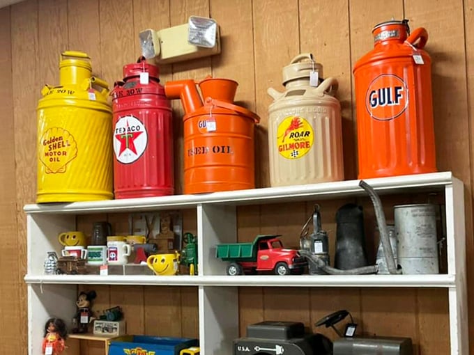Gas station nostalgia in technicolor—these vintage oil containers transform industrial products into art through the magic of mid-century design.