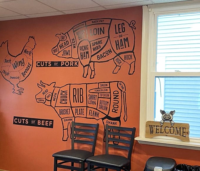 Meat diagrams on the wall serve as both education and anticipation – a delicious anatomy lesson that makes your stomach growl in response.