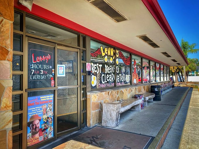 The entrance proudly announces Lenny's as "Best Breakfast in Clearwater"—a bold claim backed by decades of satisfied customers and empty plates.