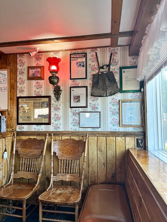 Waiting area or time machine? The vintage chairs and floral wallpaper transport you to a simpler time when breakfast reigned supreme.