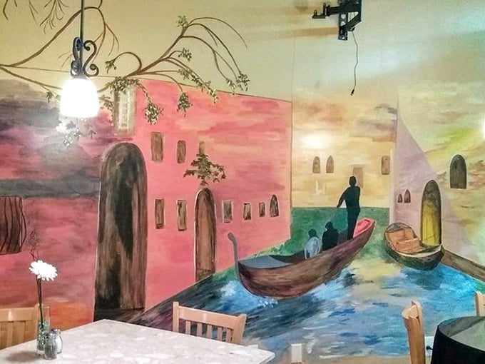 The wall mural of Venice—where gondolas glide through canals and diners are transported without the hassle of passports or TSA lines.