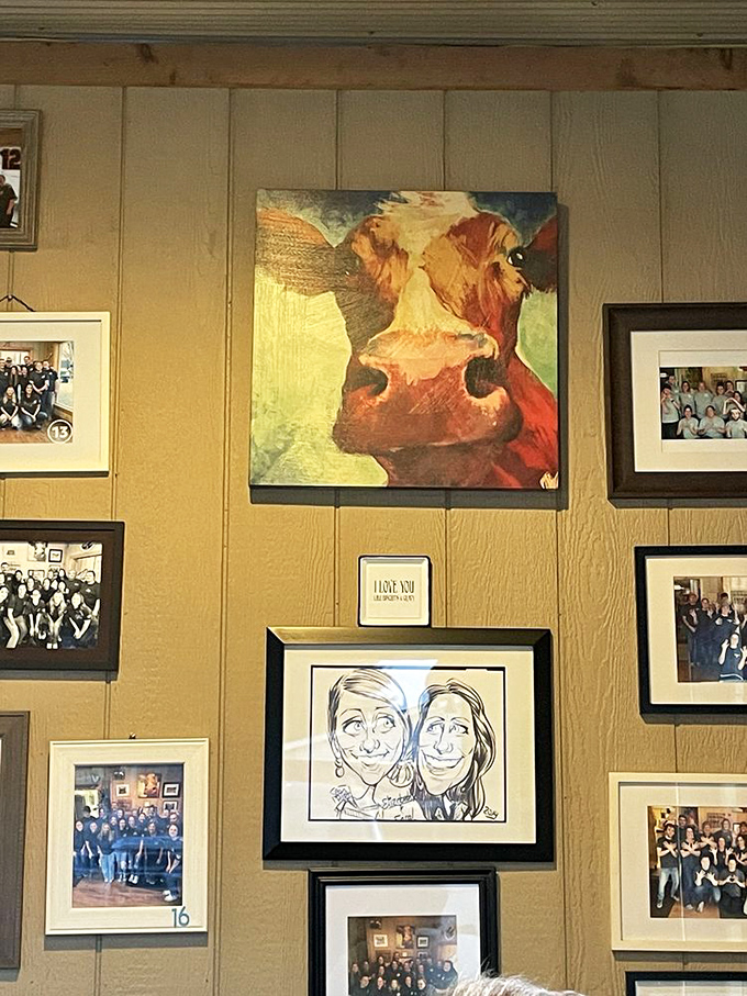 Wall decorations that tell stories of community and character—from cow art to caricatures, each piece adds to the authentic charm.