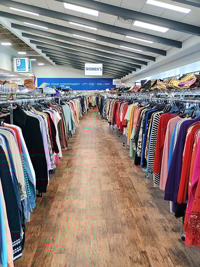 The women's section stretches toward the horizon like a fashion superhighway of second chances and style reinvention.