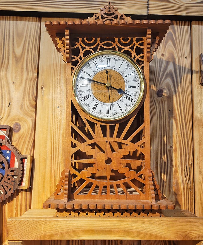 This intricately carved wooden clock doesn't just tell time—it tells stories of craftsmanship and attention to detail rarely seen in today's mass-produced world.