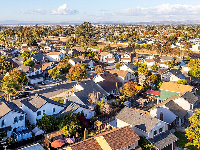 From above, Boron's residential neighborhoods reveal surprising greenery, proving desert dwellers can create oases with determination and water rights.