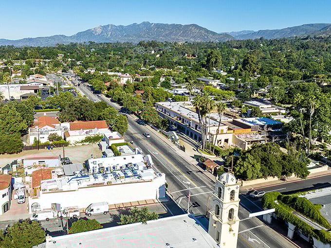 From above, Ojai reveals its perfect proportions—a compact downtown surrounded by mountains, orchards, and the kind of beauty that makes you question your life choices.