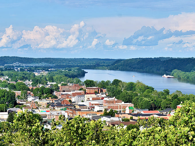 From this hillside vantage, Gallipolis reveals its perfect positioning along the Ohio River's bend, where natural beauty embraces historic architecture in a timeless landscape.