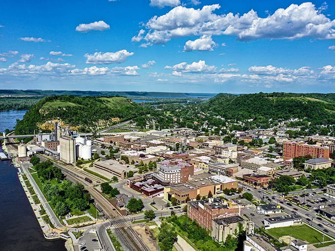 From above, Red Wing reveals its perfect positioning – nestled between bluffs and river like nature designed this spot specifically for human delight.