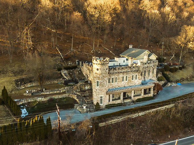 From above, the castle's strategic position becomes clear—perfect for defending against invading tourists or the occasional door-to-door salesman.