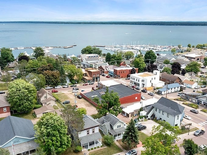 From above, Bayfield reveals its perfect positioning on Lake Superior's shore, with the harbor, downtown, and residential areas creating a postcard-worthy scene.