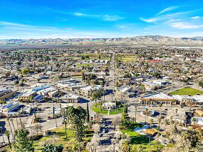 From above, Patterson reveals its perfect circle design and surrounding farmland—proof that sometimes the best views in California aren't on the coast.