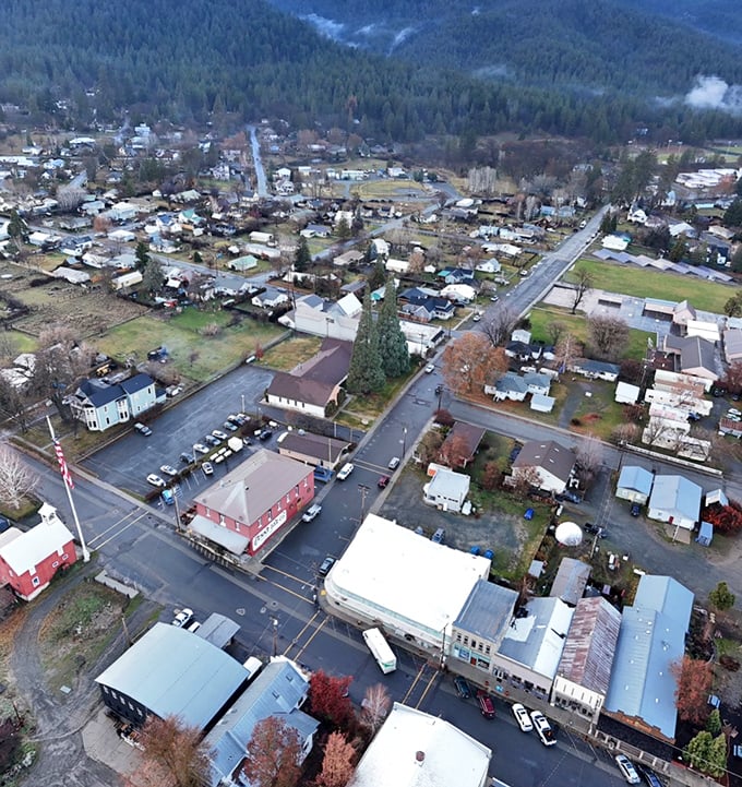 From above, Fort Jones reveals its perfect proportions – not too big, not too small. A town laid out like someone actually thought about livability.