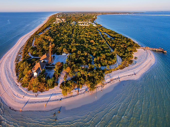 From above, Sanibel reveals its true nature—a perfect crescent of beach protecting a lush interior, like nature designed its own perfect vacation spot.