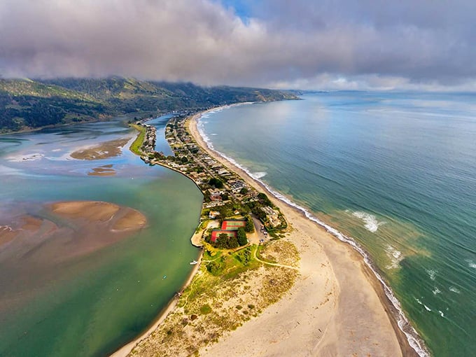 The ultimate reveal: Stinson Beach from above looks like nature's perfect design—ocean, lagoon, and mountains creating California's most perfect sandwich.
