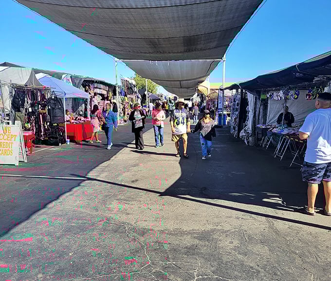 Shaded walkways create the perfect microclimate for serious shopping—part bazaar, part social club, all California cultural experience.