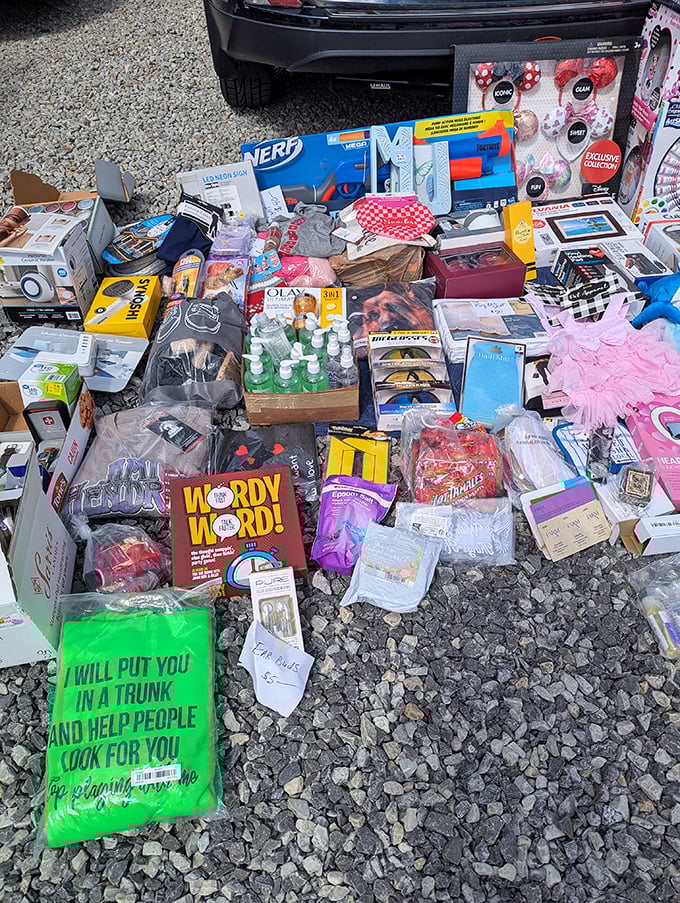 The ultimate garage sale tableau. From Nerf guns to beauty products, this spread represents American consumerism in its most honest form.