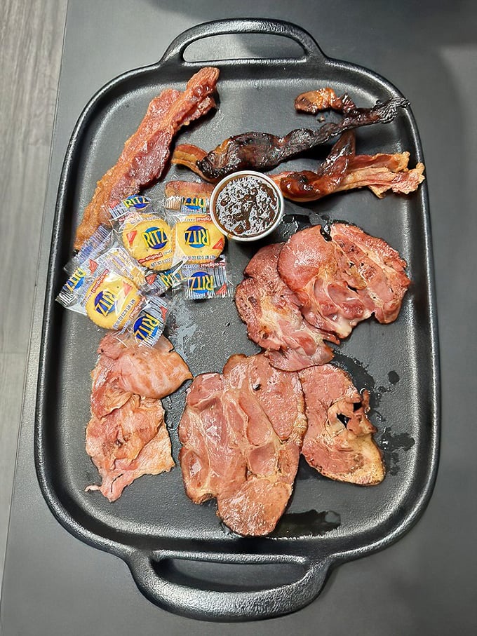The bacon sampler plate: a shrine to pork in all its glorious forms, proving that bacon isn't just a food—it's a lifestyle choice.
