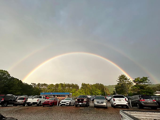 Nature's own special effect—a double rainbow arches over the Swan Drive-In, as if the universe itself is giving this Georgia gem two enthusiastic thumbs up.