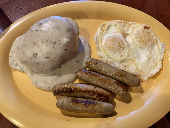 Biscuits and gravy with a side of sausage links—Southern comfort that found its way to California and decided to stay for breakfast.