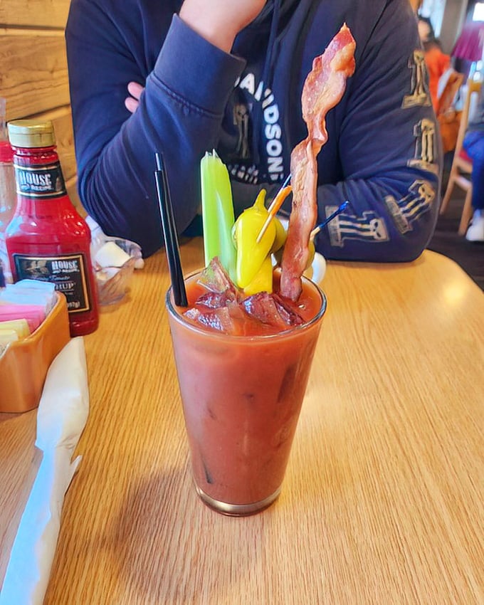 Not just a Bloody Mary – it's breakfast in a glass, complete with the bacon strip that doubles as both garnish and appetizer.