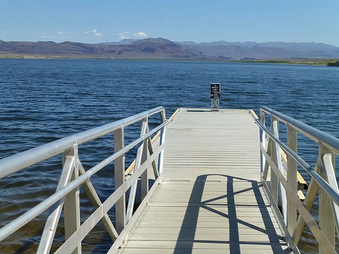 The dock to nowhere and everywhere at once—your gateway to Alamo Lake's liquid playground. Adventure awaits at the end of these planks.