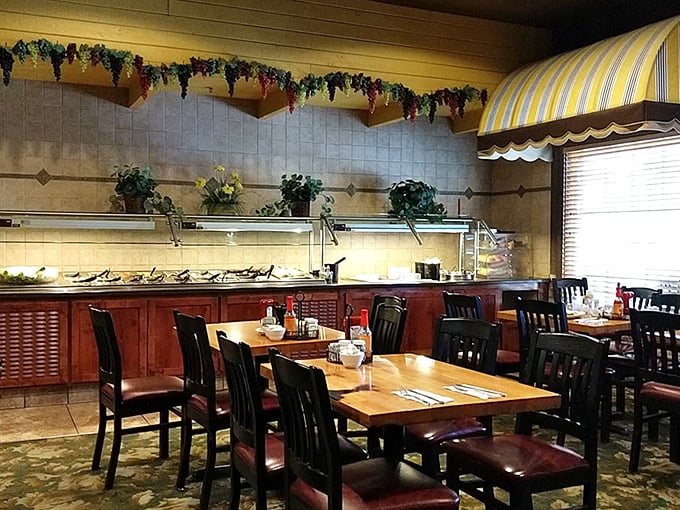 The buffet area stands ready for action, with grape vine decorations hinting at the Italian heritage that influences Granzella's beloved menu.