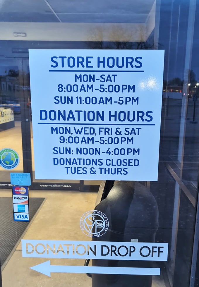 The rulebook for thrift success – store hours posted clearly for those who plan their bargain hunting expeditions with military precision.