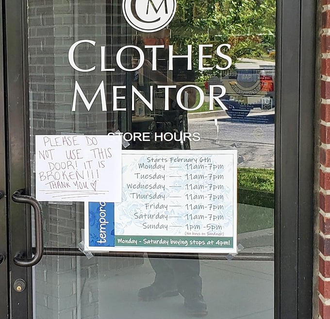 Store hours posted prominently—plan your bargain hunting expedition accordingly, or risk waiting another day to discover that perfect blazer someone else might snag.