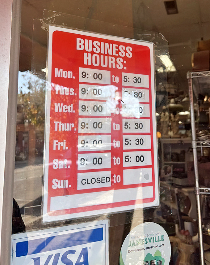 The store hours sign – your roadmap to retail therapy. Monday through Saturday, Carousel Consignments stands ready for your treasure-hunting pleasure.