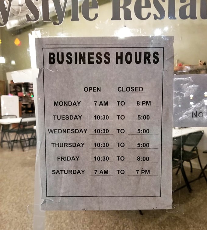 These business hours aren't just a schedule—they're the operating times of a time machine that transports you to an era when meals were events, not pit stops.