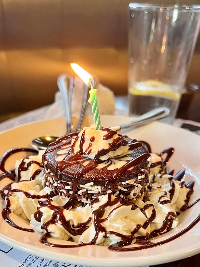 A birthday dessert that understands its role in the meal—the sweet finale to a symphony of savory. Chocolate and whipped cream: the encore we all need.