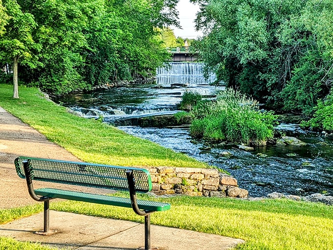 Cedar Creek Park's bench offers the perfect front-row seat to nature's water show, where the creek's gentle cascade provides both soundtrack and scenery.