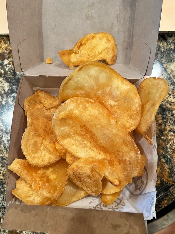 House-made chips that shatter with each bite—the perfect supporting actor to the chicken headliner, yet capable of stealing scenes on their own.