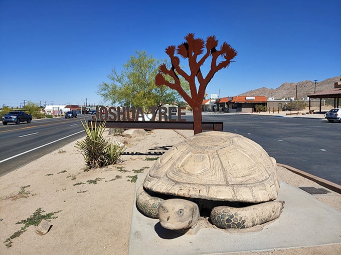 Nothing says "welcome to town" quite like a giant metal Joshua Tree and a friendly tortoise. Desert whimsy at its finest.