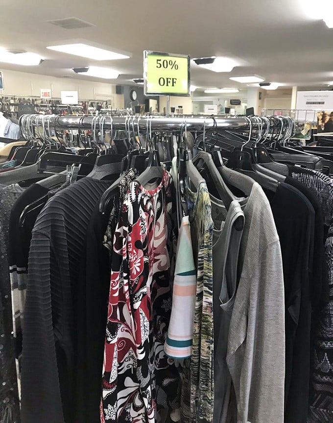The 50% off rack—where good deals become legendary steals. Even bargains have bargains in this secondhand paradise.
