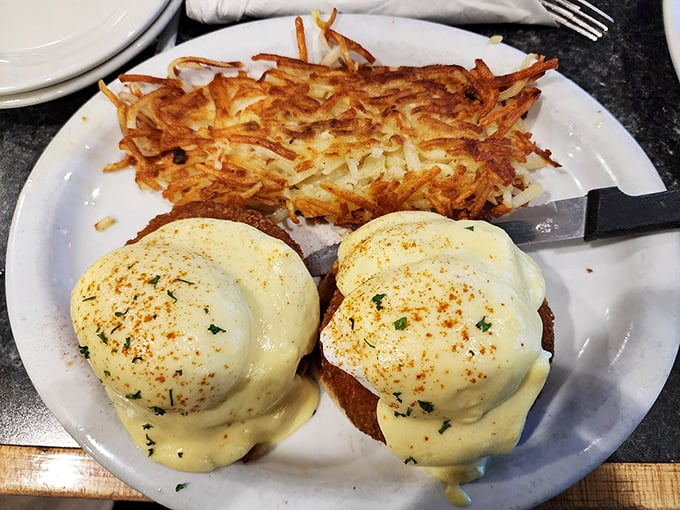 Hash browns that have achieved the perfect crisp-to-tender ratio—the breakfast equivalent of hitting the jackpot in a town built on much slimmer odds.