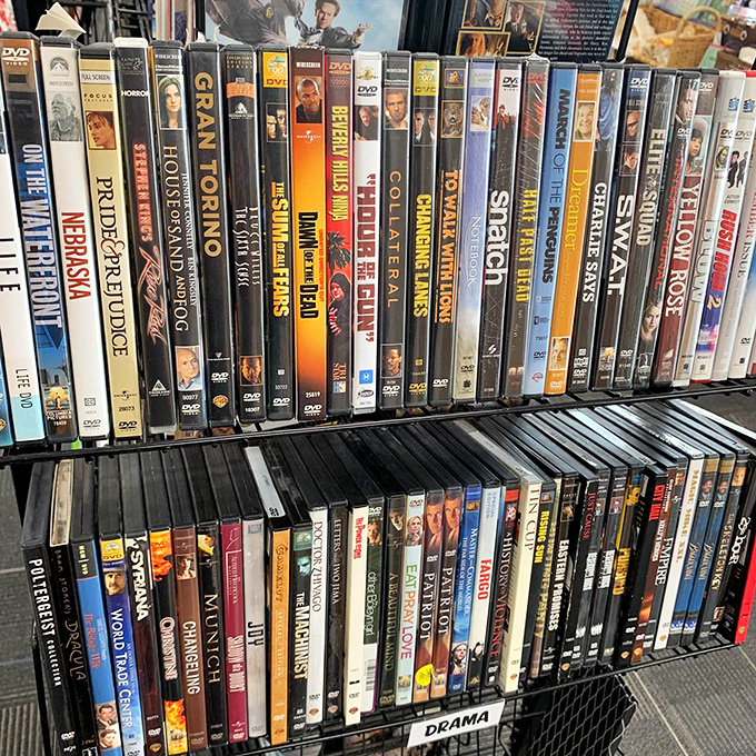 The DVD section—a nostalgic time capsule where "Chariots of Fire" sits beside "Shrek," waiting for movie night resurrection.