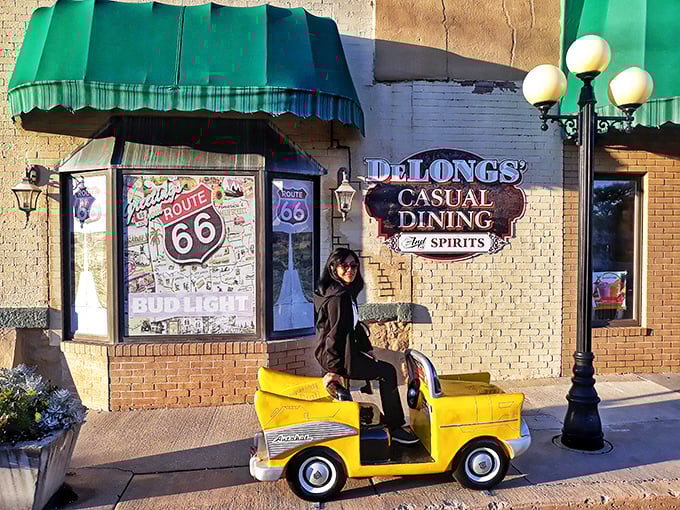DeLongs' Casual Dining proves that Route 66 kitsch and comfort food go together like convertibles and summer days—especially with that adorable yellow car out front.