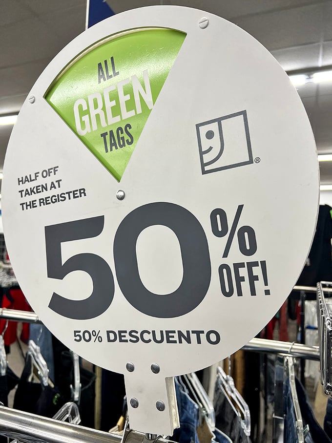 The magical green tag sale – where already affordable treasures become absolute steals at 50% off. Thrift shopping nirvana!
