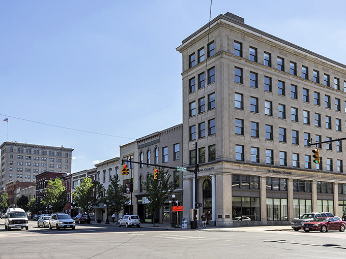 Downtown Warren's intersection captures the essence of small-city America, where historic buildings frame everyday life with unexpected elegance.