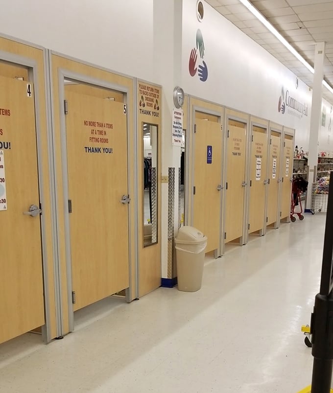 Fitting rooms: where thrift store optimism meets reality. "Please, no more than five items" – the universal language of secondhand shopping.