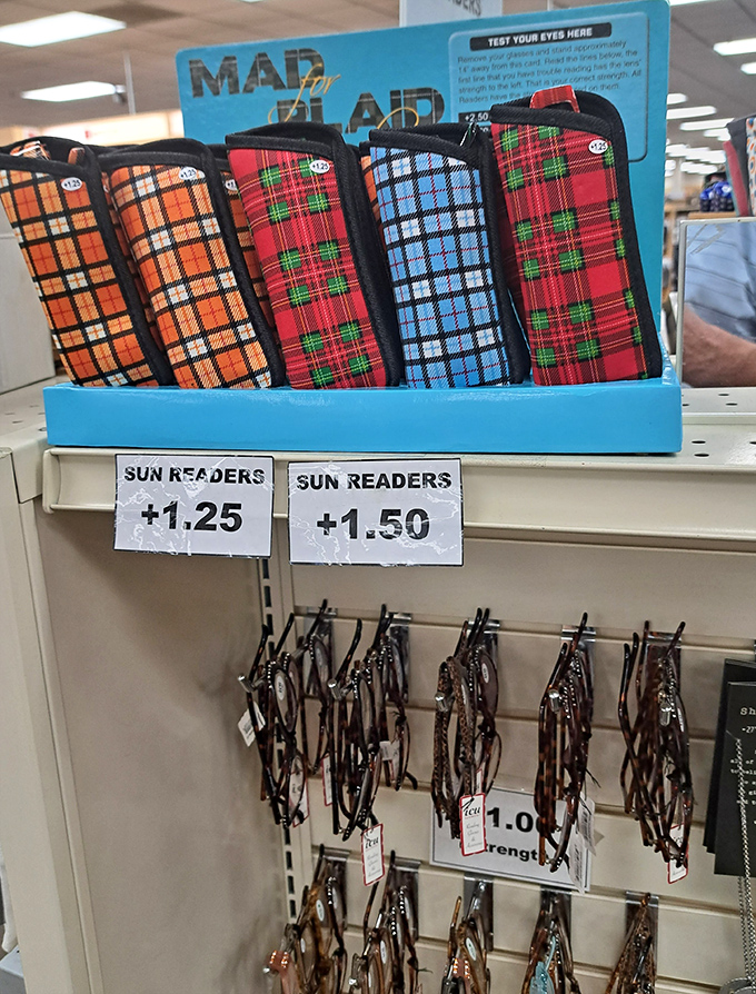 Reading glasses in plaid cases—because nothing says "I've embraced my age with style" like accessories that combine function with a touch of Scottish flair.