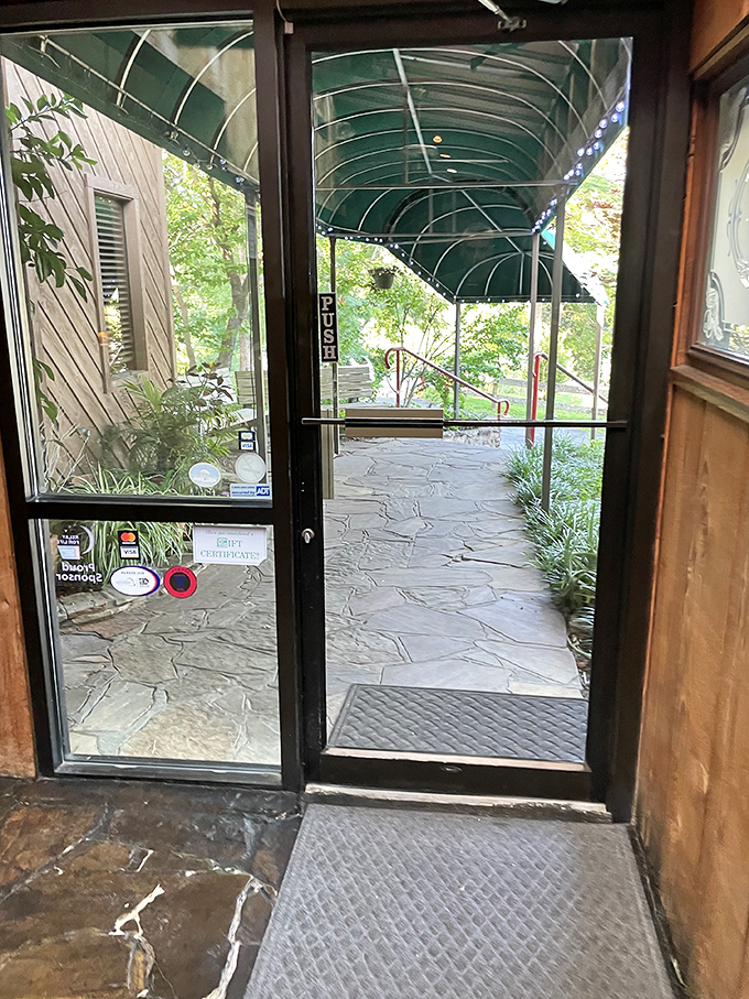 The view from inside looking out—where the line between restaurant and nature blurs. That green canopy promises shelter for your post-meal waddle.
