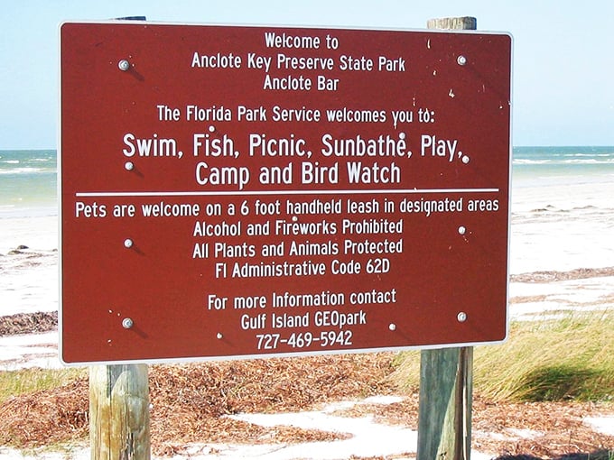The sign says it all: swim, fish, picnic, sunbathe, play, camp, and birdwatch—basically everything except check your work emails.