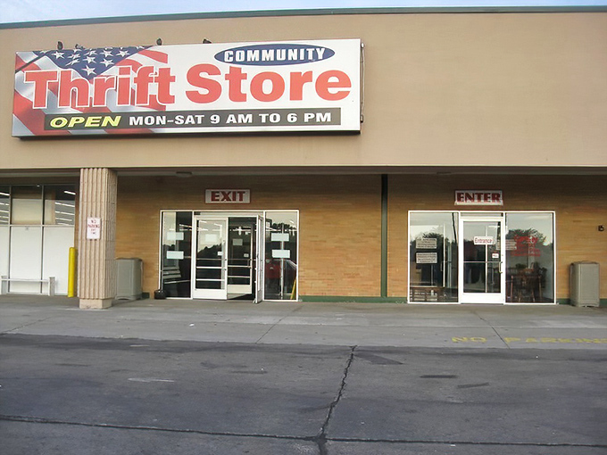 The patriotic signage proudly announces its community-minded mission. Thrifting isn't just shopping—it's practically a civic duty.