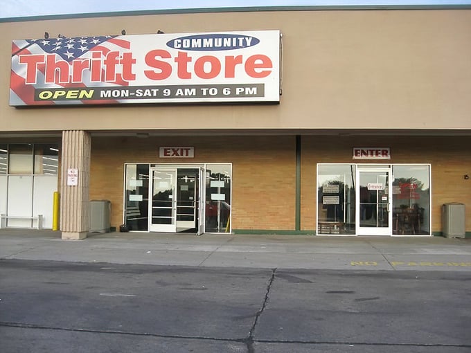 The patriotic signage proudly announces its community-minded mission. Thrifting isn't just shopping—it's practically a civic duty.
