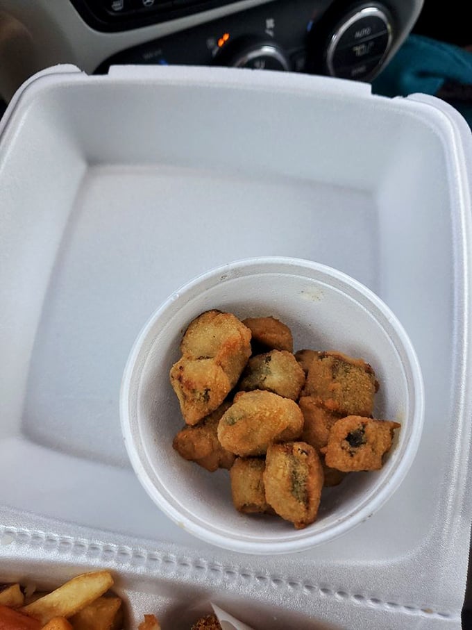 Fried okra nuggets—little Southern treasures that prove B & M's side dishes deserve just as much attention as their smoky headliners.
