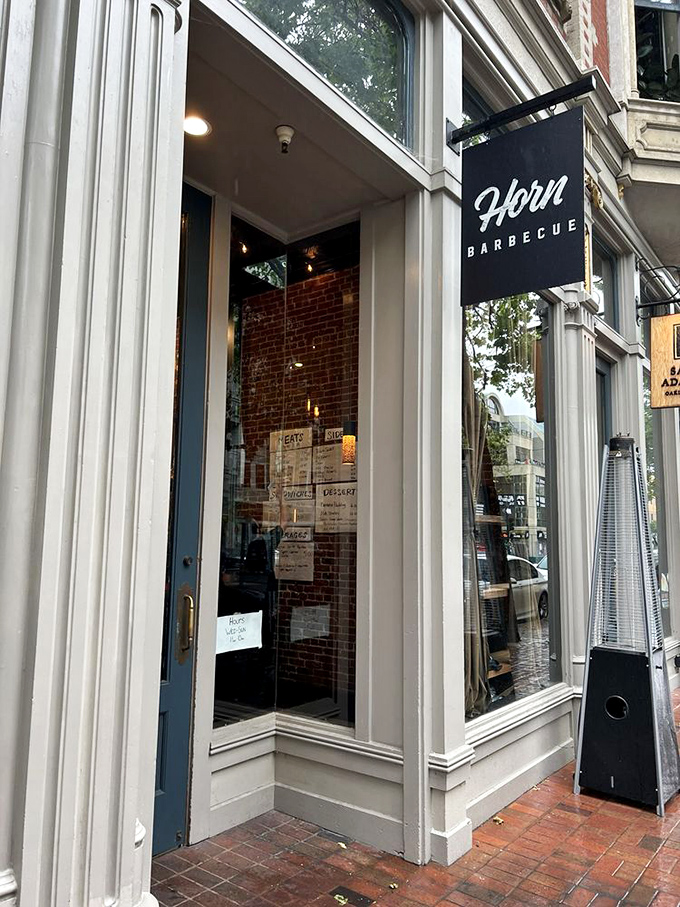 The unassuming entrance to Horn Barbecue is like the cover of a great book—simple, elegant, and hiding chapters of flavor waiting to be discovered.